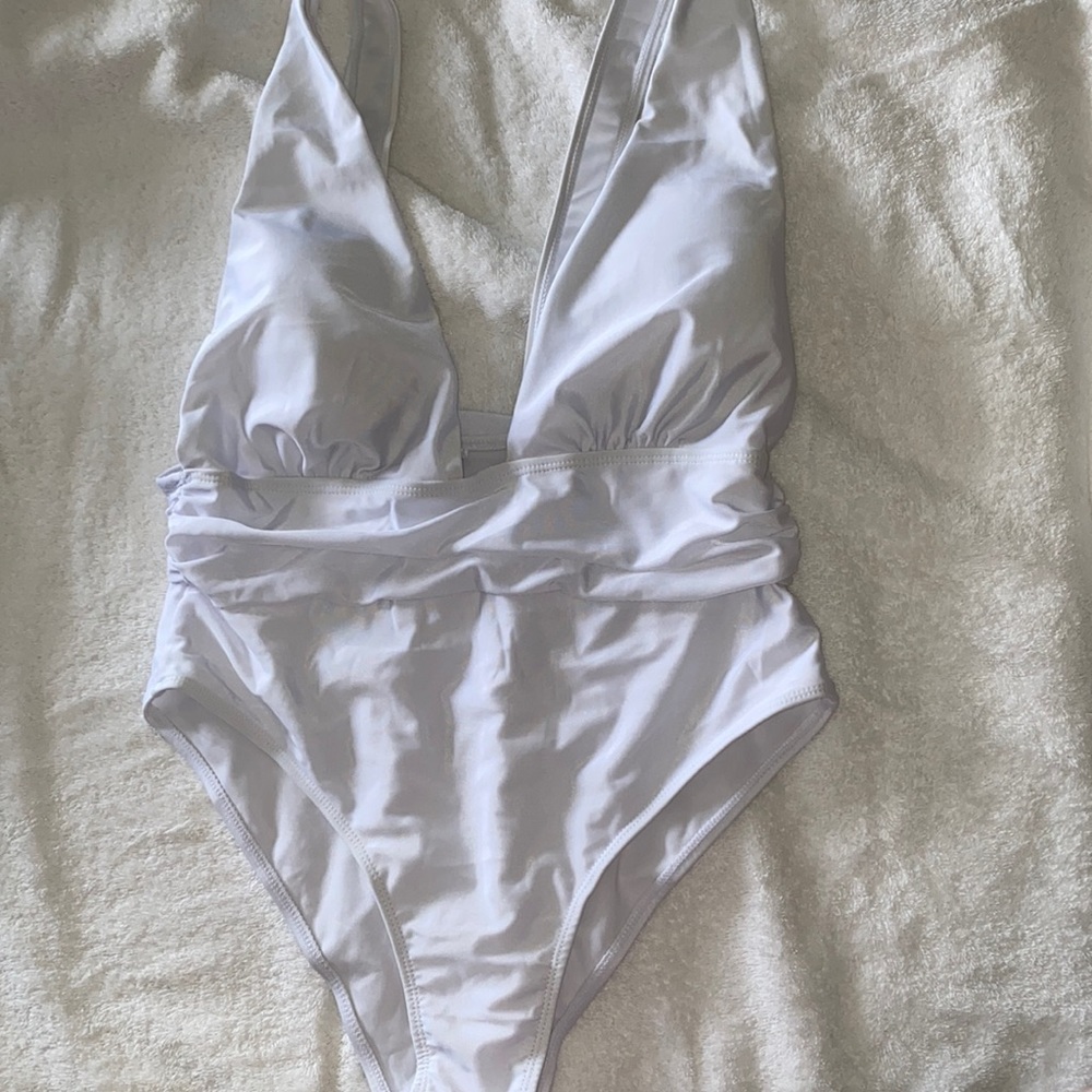 White Low Cut One Piece Bathing Suit - Gem